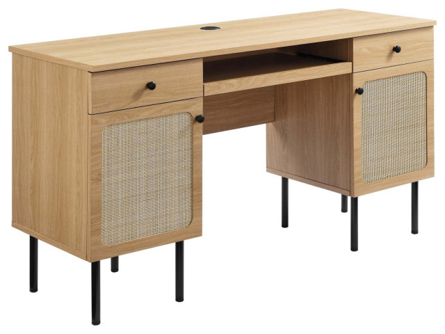 Cane Desk, Natural Oak Wood Rattan Office Desk, Wooden Home Office Desk ...