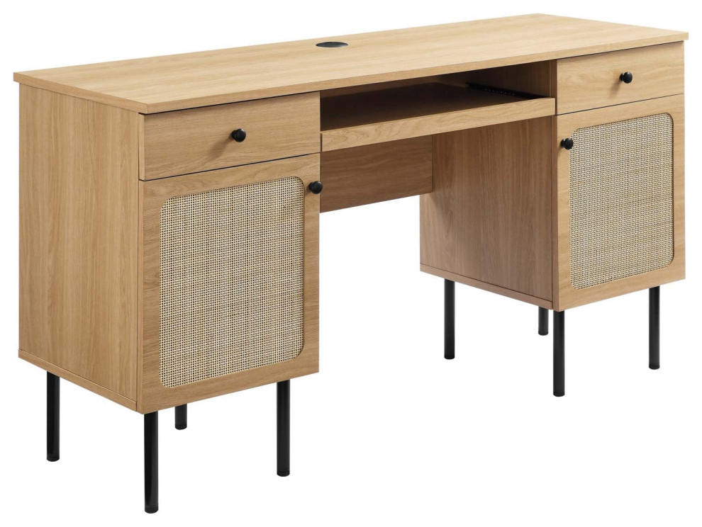 Cane Desk, Natural Oak Wood Rattan Office Desk, Wooden Home Office Desk ...