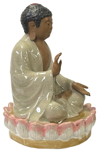 Chinese Ceramic Beige Color Sitting Buddha Amitabha on Lotus Statue ...