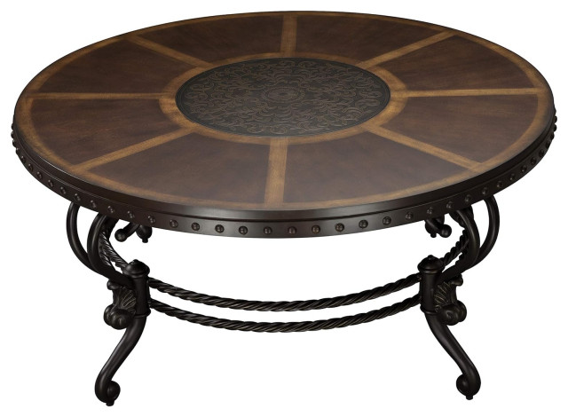 Traditional Coffee Table, Curved Metal Legs With Round Warm Tobacco ...