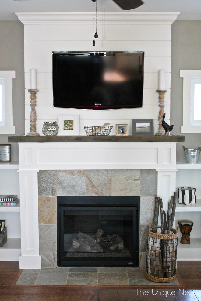 Shiplap Fireplace with Reclaimed Mantle - Beach Style - Boston - by ...