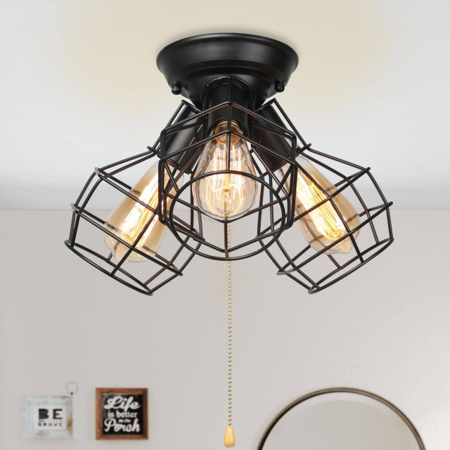 LNC 3-Light Industrial Pull-String Ceiling Lamp, Matte Black ...