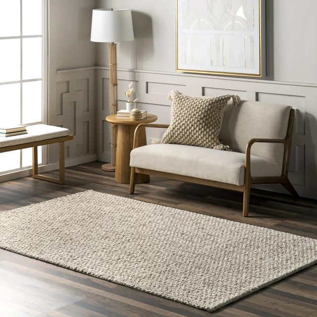 Ivory Wool Blend Farmhouse Area Rug, Rectangular, Flatweave Design, 6 ...