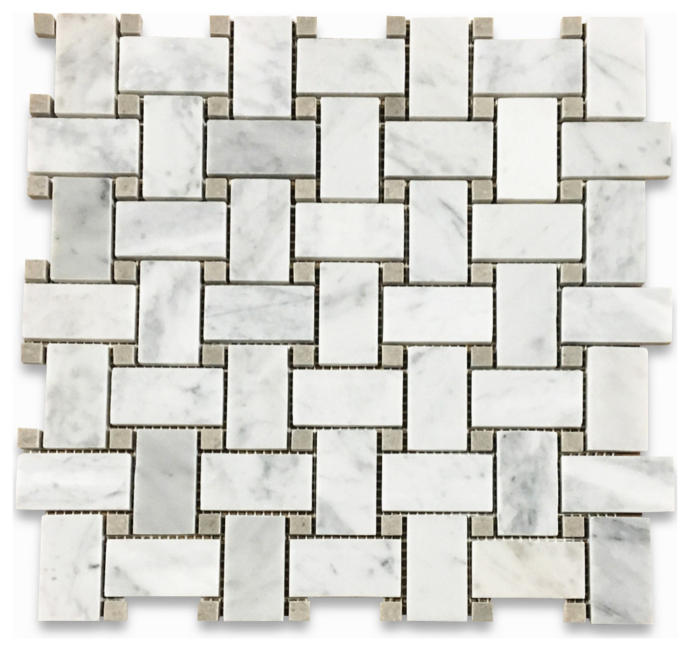 Carrara Venato Marble 1x2 Basketweave Mosaic Tile Gray Dots Polished, 1 ...