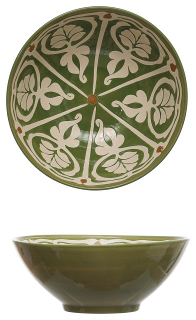 10.5 Round Hand-Painted Stoneware Serving Bowl, Pattern Design, Green ...