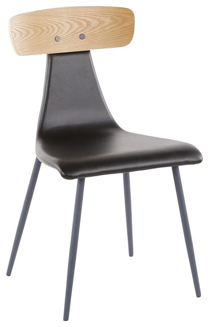 Elio Chair in Grey Metal, Black Faux Leather and Natural Wood-Set of 2 ...