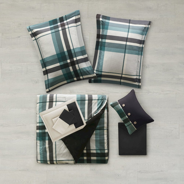 Robbie Plaid Comforter Set with Bed Sheets in Teal/Black Color ...