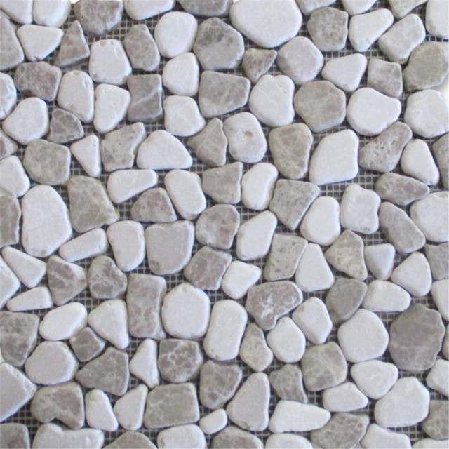 Non Slip Shower Floor Tile Tumbled Emperador Beige Marble Pebblestone ...