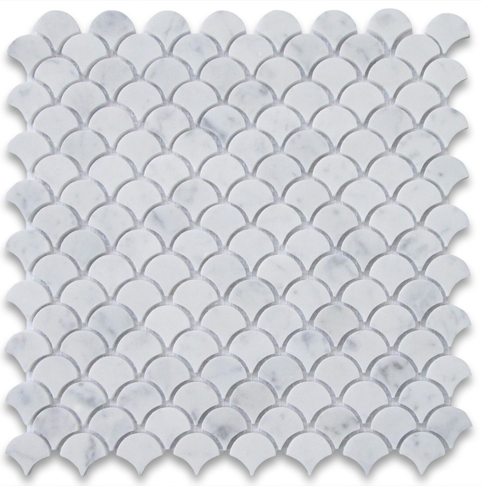 Carrara White Marble Fish Scale Dragon Scale Fan Mosaic Tile Polished ...