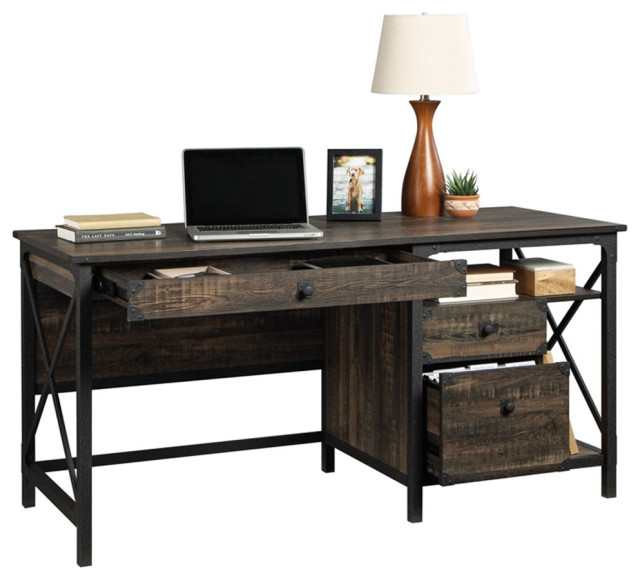 Pemberly Row Contemporary Computer Desk in Engineered Wood-Carbon Oak ...