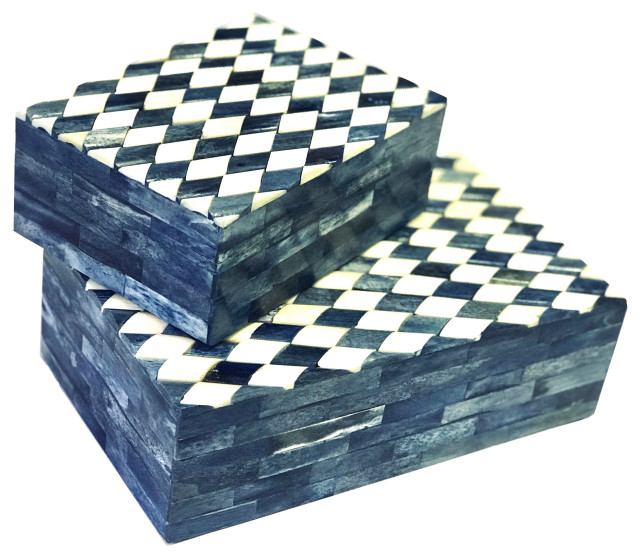 Blue and White Diamond Cut Bone Box, Medium and Large, Medium ...
