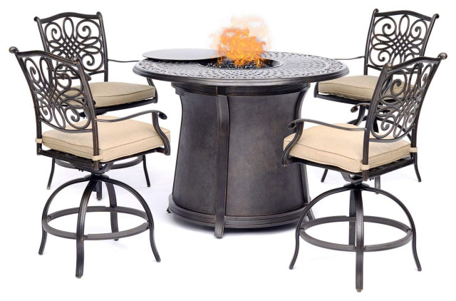 5 Pieces Patio Dining Set, 4 Swivel Counter Stool With Round Fire Pit ...
