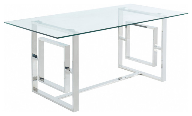 Modern Dining Table, Geometric Lattice Polished Silver Legs With Clear ...