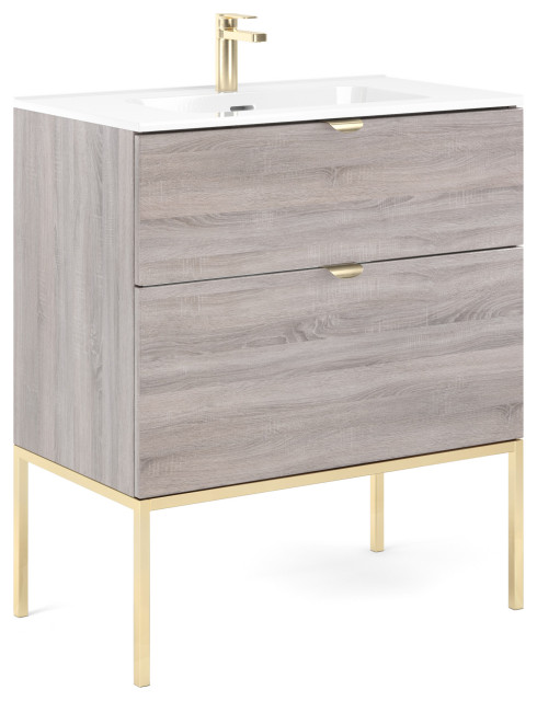 Aspen 32" Bathroom Vanity With Sink, Weathered Oak, Glossy Gold ...