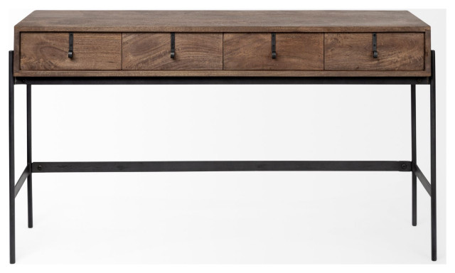 Glenn III Dark Brown Solid Wood w/Black Iron Frame Four Drawer Console ...