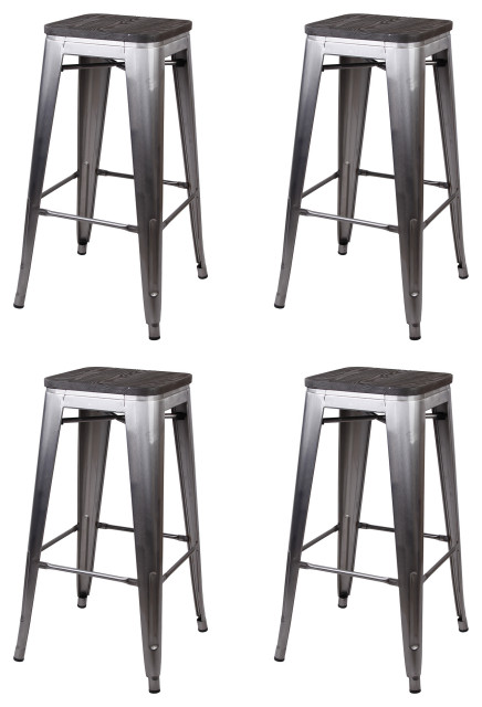 Metal Gunmetal Bar Stools With Dark Wooden Seat, Set of 4 - Industrial ...