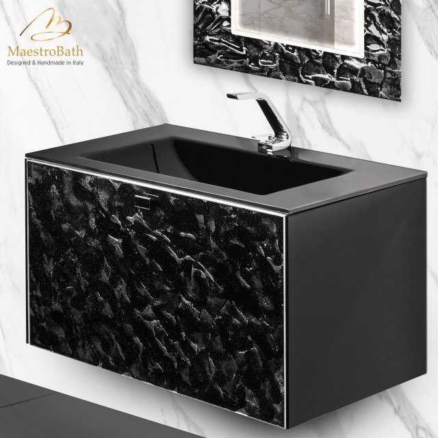 Kara Luxury Murano Glass Drop-In Single Bathroom Vanity 32", Black ...