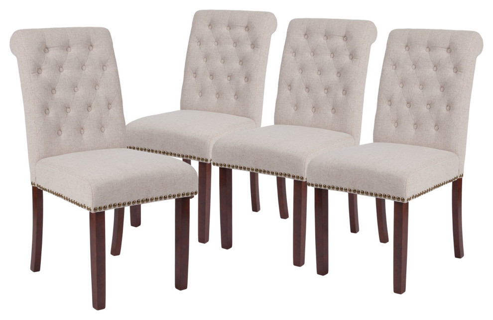 Set of 4 Parson Dining Chair, Button Tufted Rolled Back & Nailhead ...