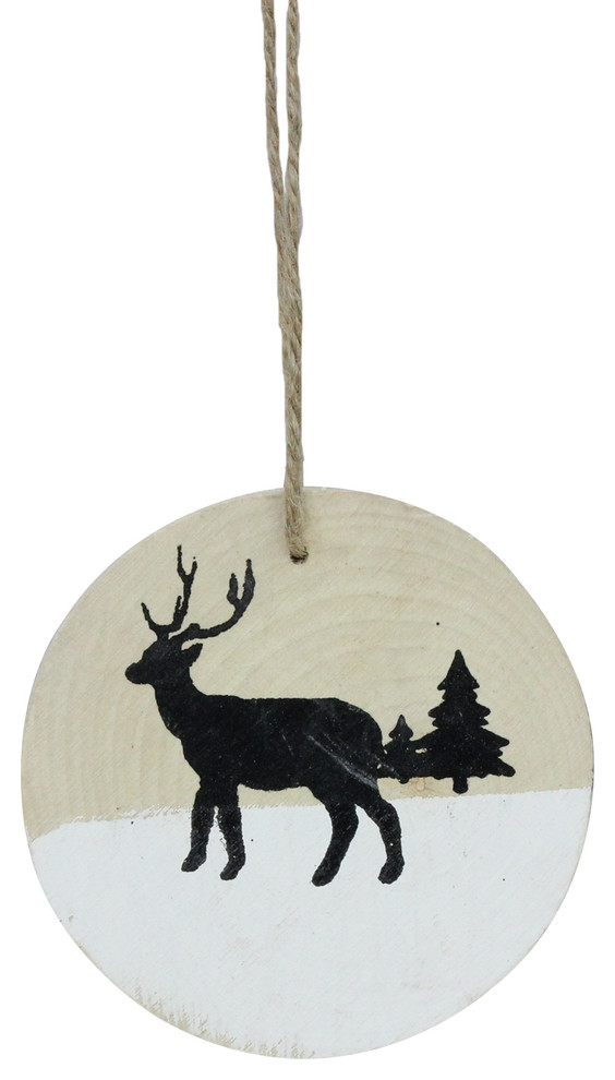 4" Winter Deer With Pine Trees on Wood Disc Christmas Ornament - Modern ...