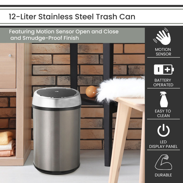12-Liter / 3.1-Gallon Trash Can With Sensor Lid, Stainless Steel ...