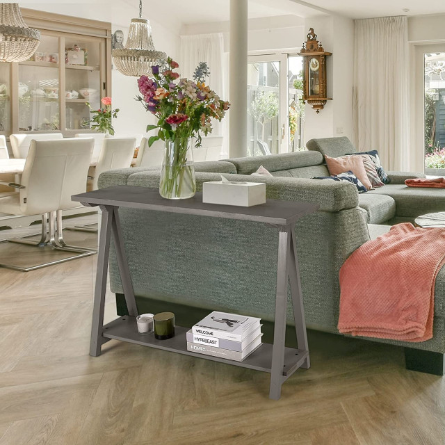 Farmhouse Console Table, Solid Wood 2-Tier, Vintage Grey - Farmhouse ...