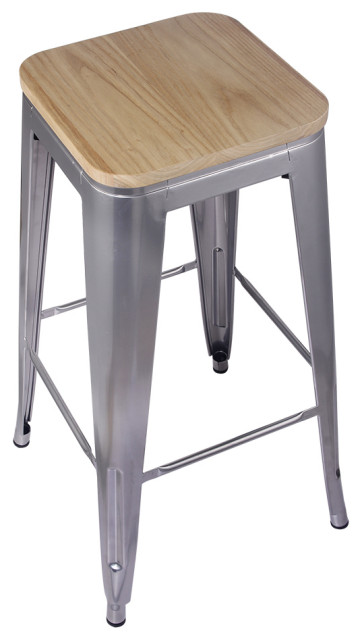 Backless Silver Metal Bar Stools, Light Wooden Seat, Set of 6 ...