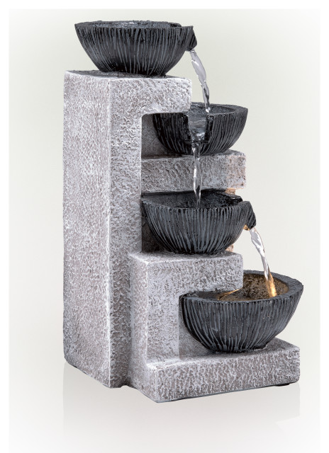 Gray Cascading Bowl Tabletop Fountain With LED Lights - Transitional ...