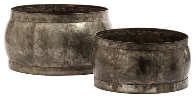 Distressed Silver Fortress Barrel Dishes, 2-Piece Set - Industrial ...