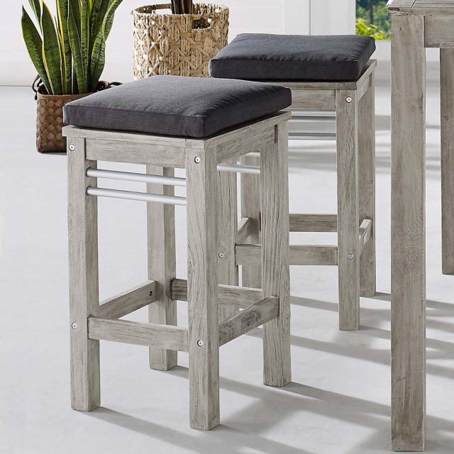 Bar Side Stool Chair, Set of 2, Wood, Gray, Modern, Outdoor Patio ...