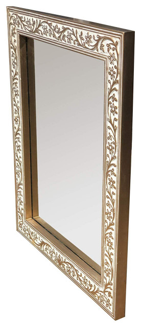 Mango Wood Rectangular Wall Mirror Vintage Carving, Rustic White, Gold ...