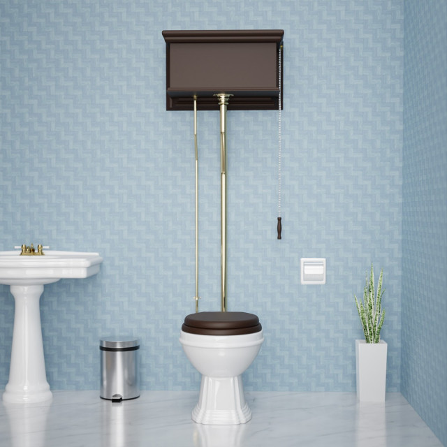 Dark Oak High Tank Pull Chain Toilet Elongated Brass Flat Panel Tank ...