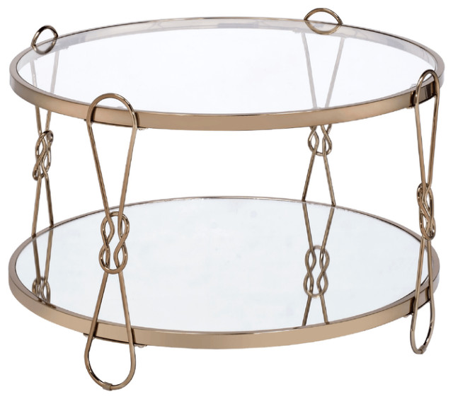 32" Champagne And Silver Mirrored Round Mirrored Coffee Table With ...