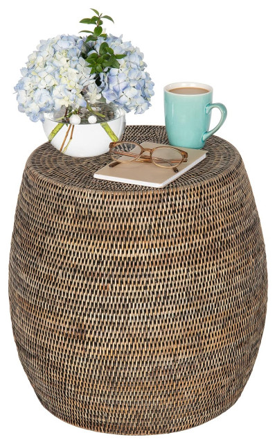Rustic Coastal Side Table, Hardwood Frame With Hand Woven Rattan Cover ...