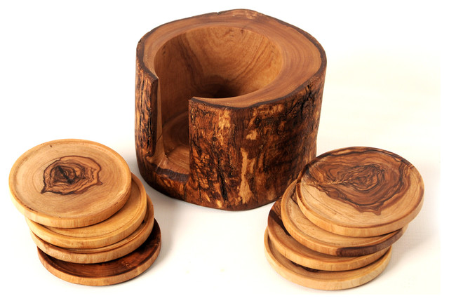 Handmade Olive Wood Rustic Holder and Coasters, Set of 8 - Rustic ...