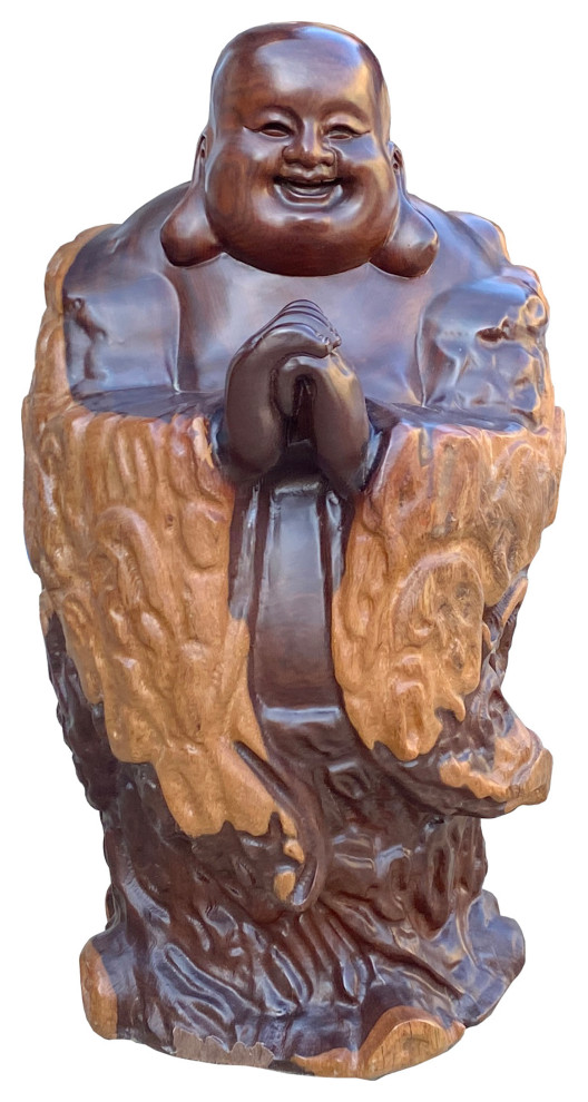 Chinese Carved Natural Jojoba Stem Brown Wood Happy Buddha Statue ...