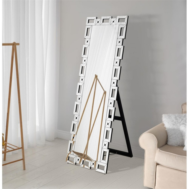 Coaster Tavin Modern Glass Geometric Frame Cheval Mirror Silver Finish ...