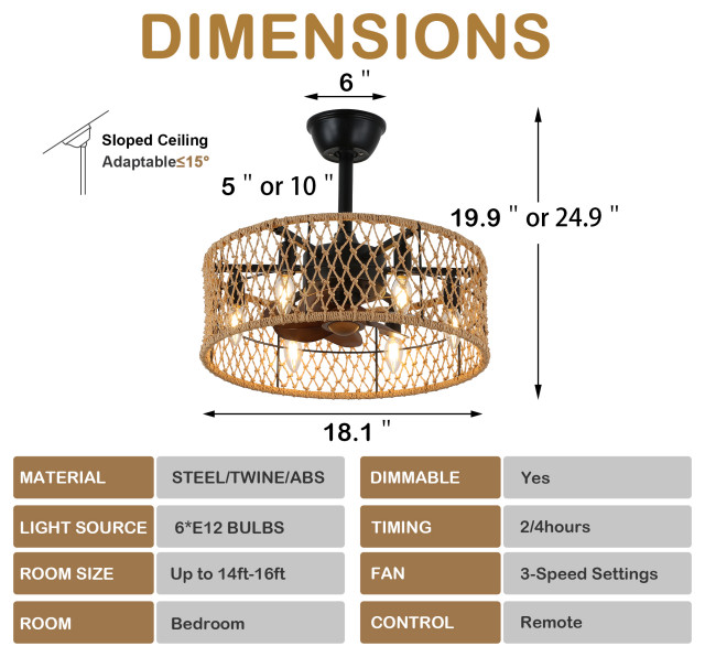 18' Rustic Rope-Woven Caged Ceiling Fan 3-speed with Light and Remote ...