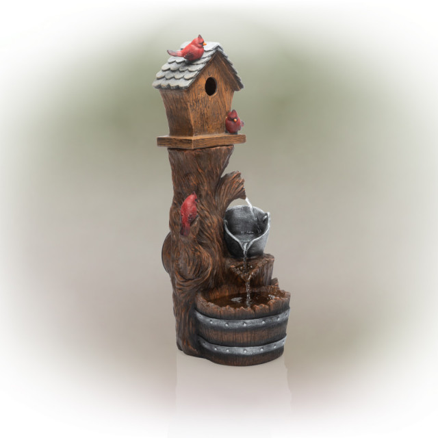 Cardinal Birdhouse Cascading Barrel Fountain - Rustic - Outdoor ...