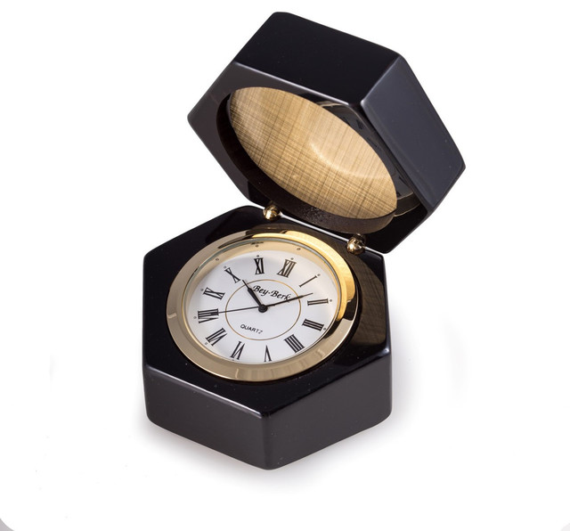 "Stanford", Lacquered "Ebony" Wood Box With Quartz Clock - Transitional ...