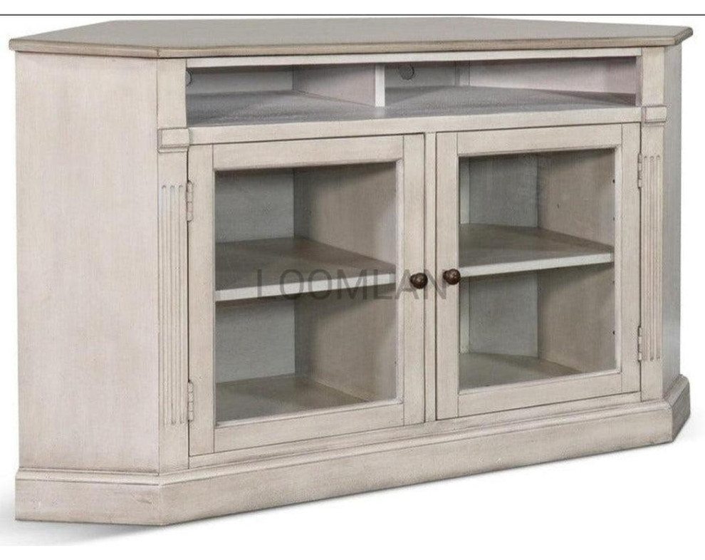 55" Wide Off White Wood Corner TV Stand Media Console With Glass Doors ...