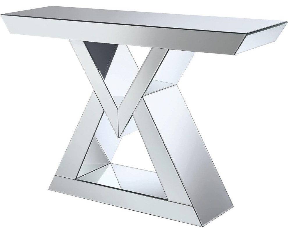 Modern Silver Console Table, Triangular Base, Mirrored Panels & Chic ...