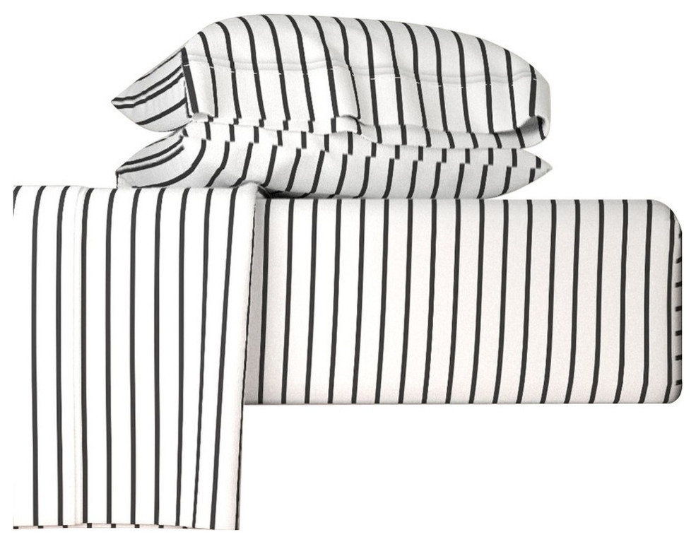 Thin Stripes Black On White Horizontal White Stripes 4pc Cotton Sheet