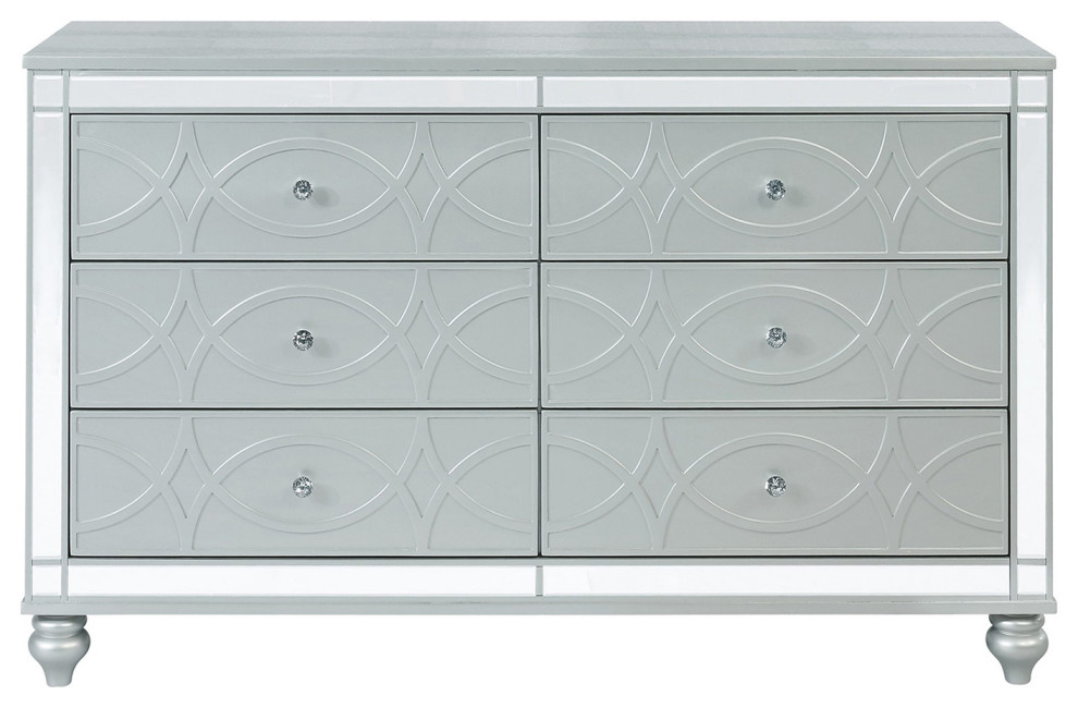 Glam 6 Drawers Dresser with Mirror Accent, Silver - Modern - Dressers ...
