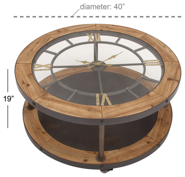 Industrial Coffee Table, Unique Design With Clock Glass Top & Wooden ...