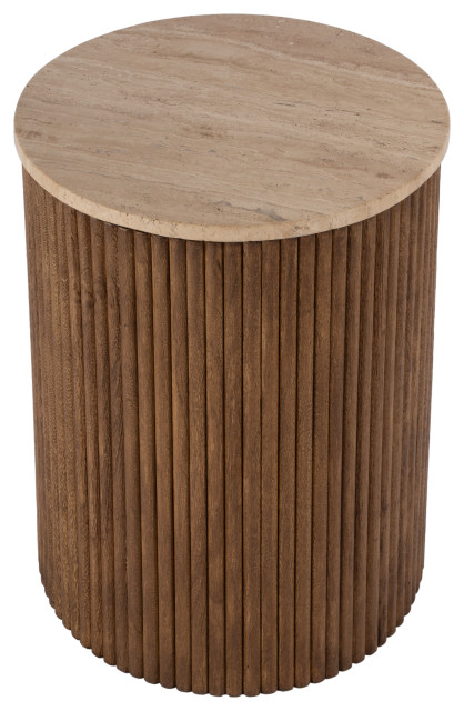 Ruby 15 in. W Round Fluted Travertine and Wood Side Table ...