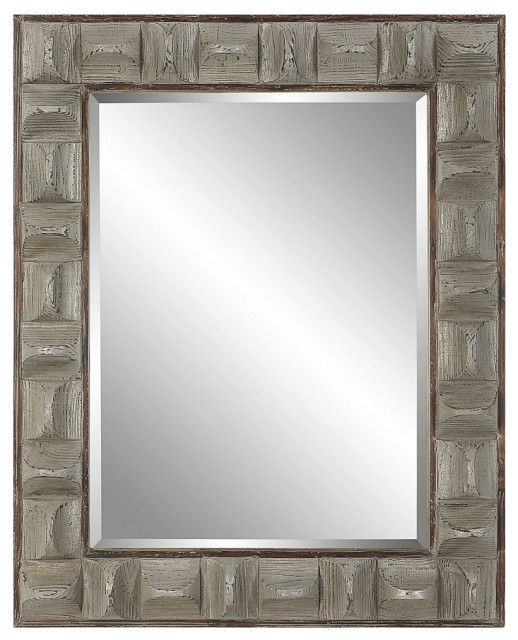 Rustic Rectangular Mirror, Gray Wash and Silver Highlights 3D Fir Wood ...