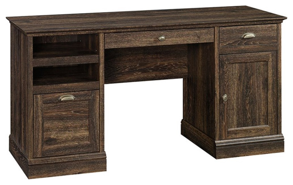 Pemberly Row Farmhouse Engineered Wood Executive Desk in Iron Oak ...