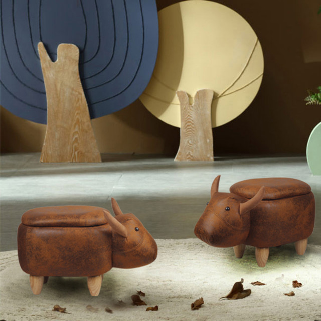 Brown Buffalo Cow Animal Ottoman Storage Faux Leather Foot Stool ...