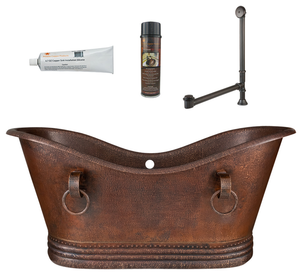 67" Hammered Copper Double Slipper Bathtub, Rings, Overflow Holes ...