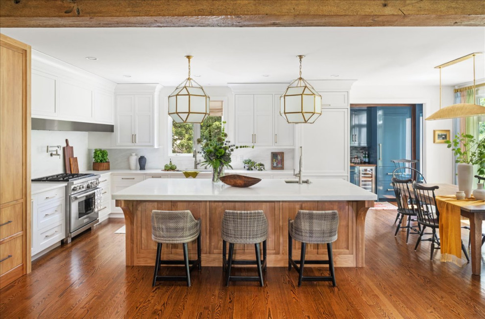 Crisp White Transitional Kitchen with Walnut Island & Walk-in Pantry ...
